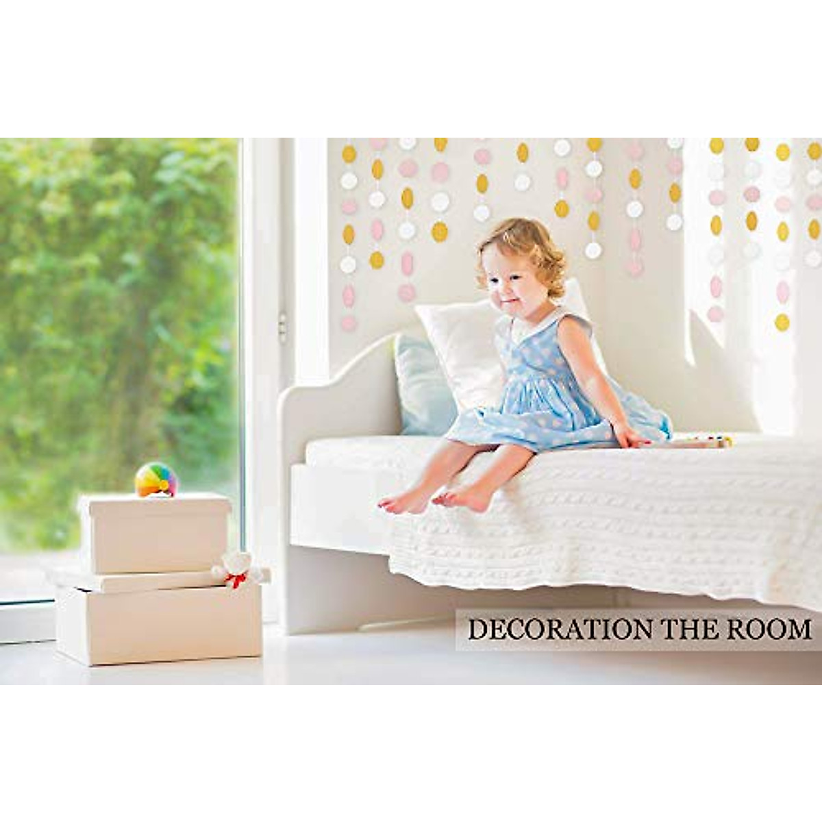 MerryNine Paper Garland, 5 Pack 50ft Glitter Paper Garland Circle Dots Hanging Decor, Paper Banner for Baby Shower, Birthday, Nursery Party Decor(Circle Polka Dots-Pink White Gold-50 Feet)