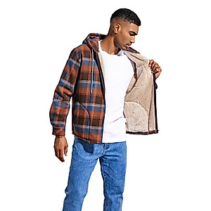 Elesuit Men's Fleece Jackets for Men Sherp Plaid Flannel Sweatshirt for Men Zip Hooides Orange Medium