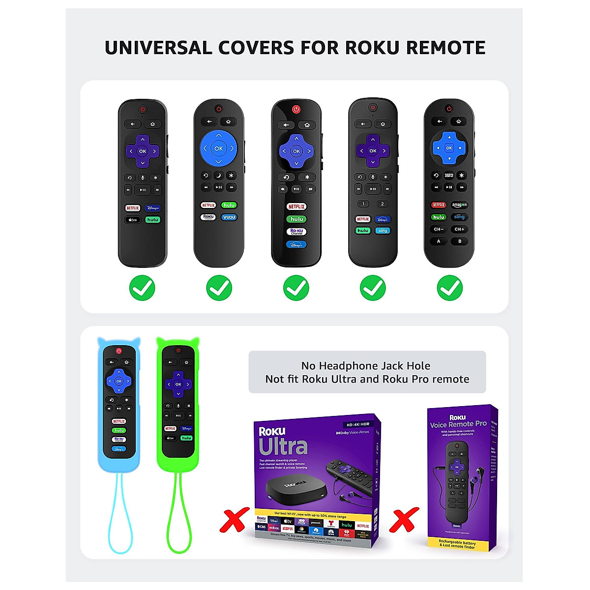 3Pcs Cover for Roku Remote with Cat Ears Design, Silicone Skin Case Compatible with Hisense/TCL Roku TV, Steaming Stick/Express, Universal Replacement Controller. Glow in The Dark Green/Blue/Purple