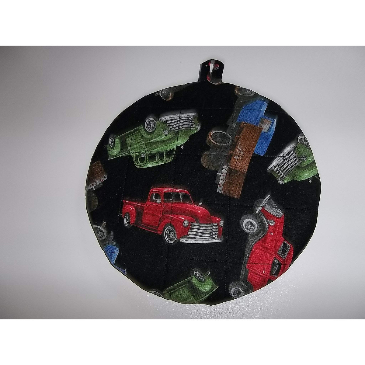 Pot Holders Heat Resistant Classic Pickup Trucks Red and Multi Colored Potholders Handmade Double Insulated Quilted Hot Pads Trivets 9 inches Round