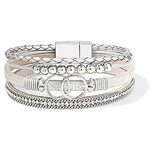 FANCY SHINY Boho Wrap Bracelets Leather Cuff Bangle Gold Beaded Bracelets for Women Stackable Infinity Bracelets Jewelry with Clasp(Silver)