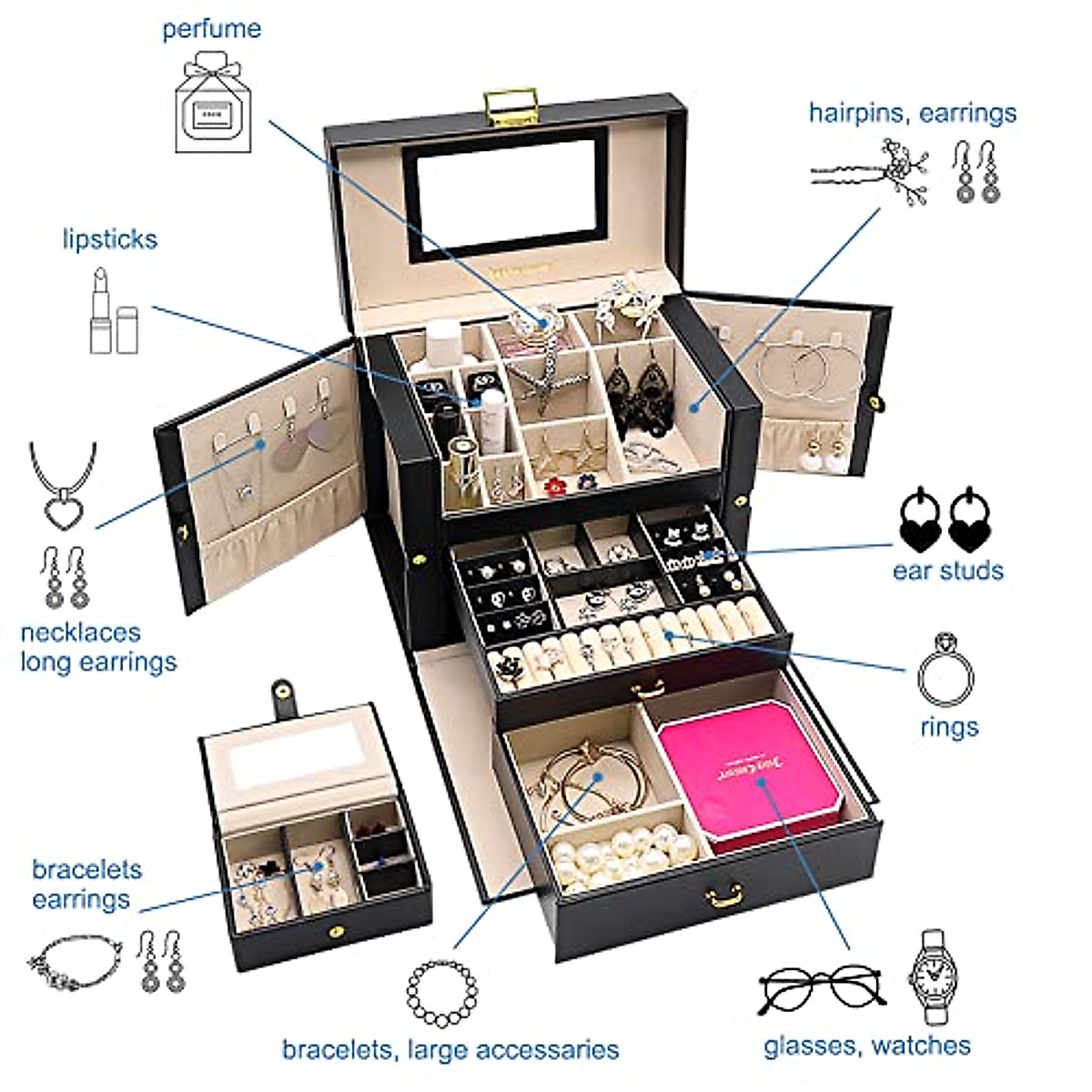 01 besharppin Jewelry Box, 3 Layers Jewelry Organizer with Mirror and Small Portable Case for Earrings Rings Necklaces Bracelet Storage (Black)