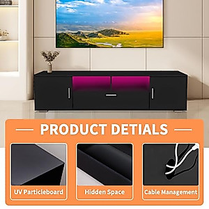 63 Inch LED TV Stand with Drawers,Modern Entertainment Center for TVs Up to 75’’,RGB Color Changing High Gloss TV Stand,Wood TV Console Cabinet for Gaming Living Room Bedroom and Office Black