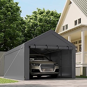 Magshion 10'x20' Carport Heavy Duty Car Canopy Portable Garage with Roll Up Zipper Door, 180g PE Tarps, W/Side Tarps for Sandbag Mounting, Boat Shelter for Car, Truck and Party (Gray)