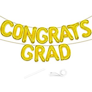 Congrats Grad Banner Balloon, 16 Inch Gold Congrats Grad Balloons for 2024 Graduation Party Decorations, Graduation Decorations Class of 2024, Congrats Grad Yard Sign 2024 Backdrop