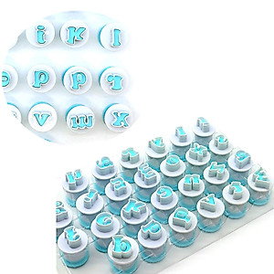 Small Letter Stamp Cookie Cutters Set of 26 pcs, Mini Lowercase Alphabet Spring Stamping Cutters Food Grade Plastic Direct Embossing Fondant Stamper Set for Cake Pastry Baking DIY (White & Blue)