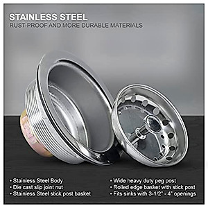 Highcraft 7511 Kitchen Sink (3-1/2'' Inch) Stainless Steel Drain Assembly With Strainer Basket-and Rubber Stopper, 3.5