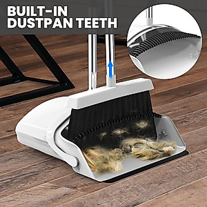 Broom and Dustpan Set for Home - Premium Long Handled Broom Dustpan Combo - Upright Standing Lobby Broom and Dust Pan Brush w/ Handle - Great Edge, Lightweight and Robust