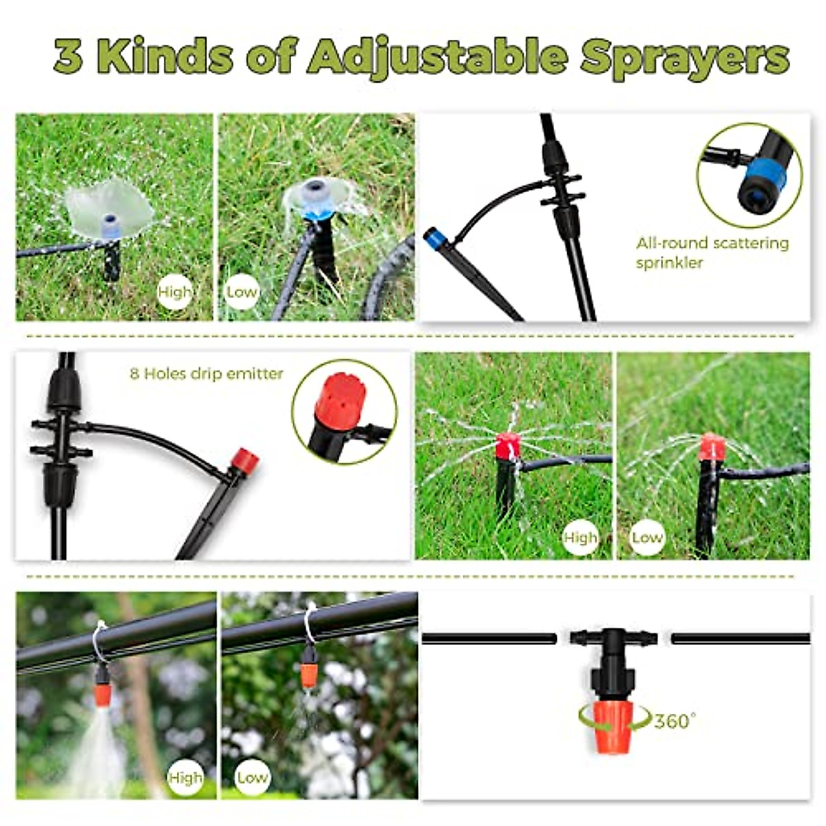 JAYEE 130FT Drip Irrigation Kit, Garden Irrigation System with Drip Nozzle Emitters,Drip Irrigation Tubing and Drip Irrigation Parts, Automatic Watering System for Potted Plants,Greenhouse,Lawn