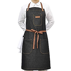 DingSay Trendy Denim Chef Apron with Pockets, Mens Womens Professional Kitchen Bib Black Apron for Cooking Grill BBQ Server, with Towel Loop and Adjustable Neck Straps