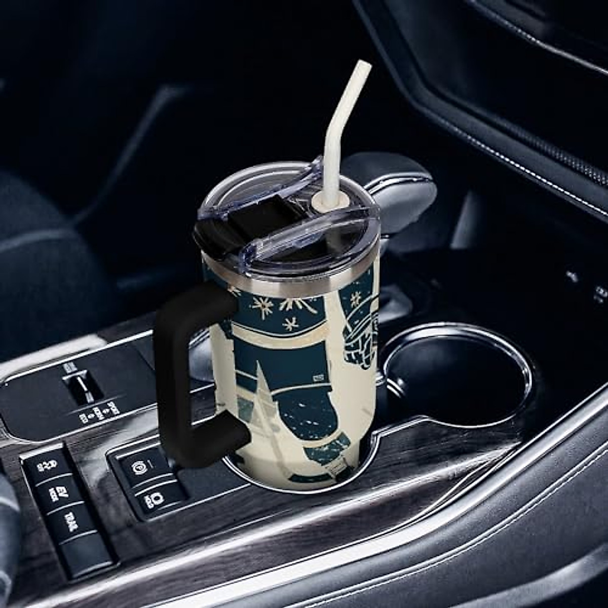 LLUTSNTH 40 Oz Vacuum Tumbler with Black Handle Leakproof Insulated Tumbler Ice Hockey Pattern Stainless Steel Travel Mug with Lid And Straw Coffee Cup Cute Water Bottles Cup Holder Friendly
