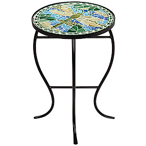 Teal Island Designs Dragonfly Modern Black Metal Round Outdoor Accent Side Table 14" Wide Blue Green Mosaic Tile Inlay Tabletop Gracefully Curved Legs for Spaces Porch Patio Home House Balcony Deck
