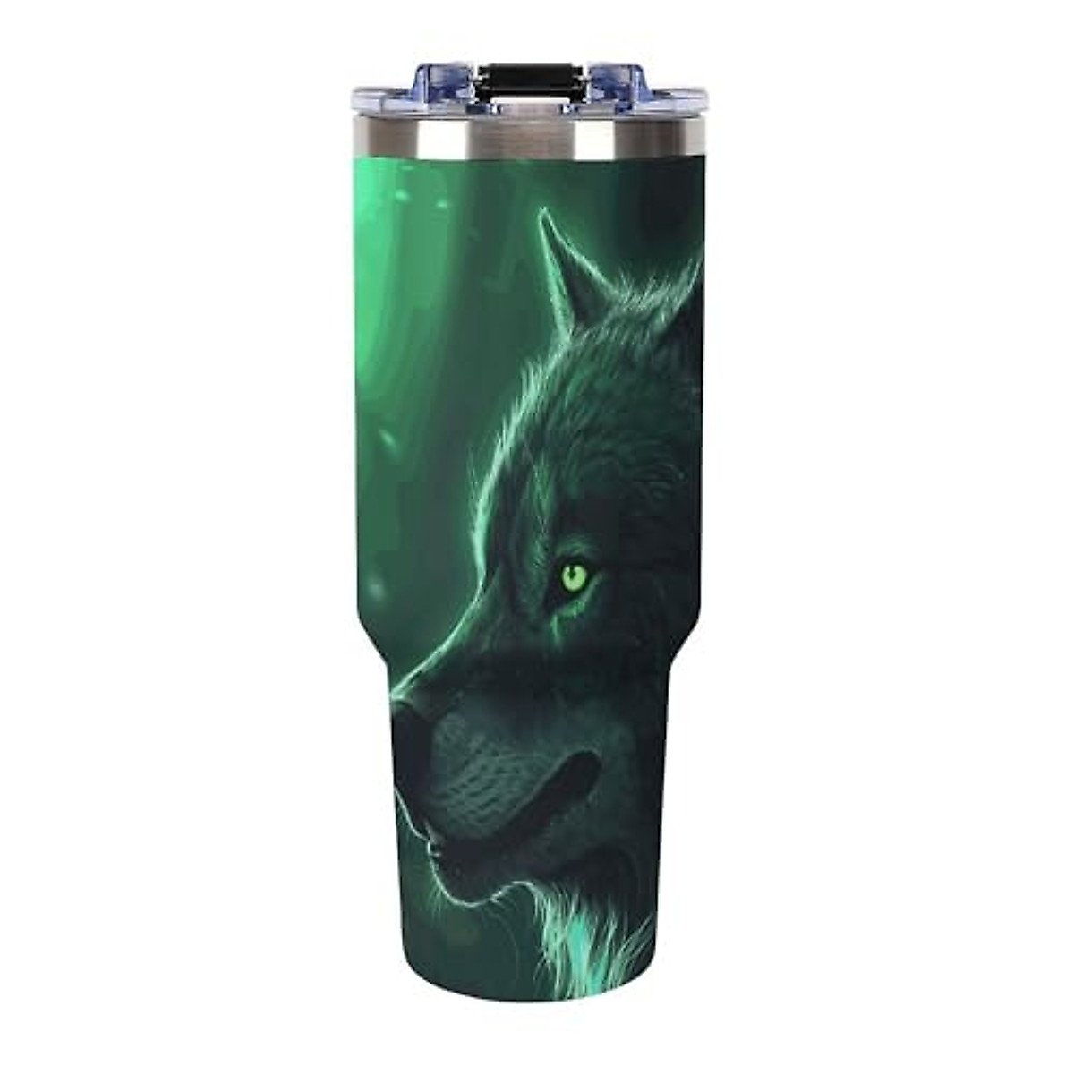 LLUTSNTH 40 Oz Vacuum Tumbler with Deep Blue Handle Leakproof Insulated Tumbler Green Wolf Stainless Steel Travel Mug with Lid And Straw Coffee Cup Cute Water Bottles Cup Holder Friendly