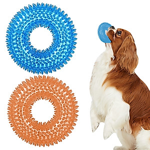 BLMHTWO 2PCS Dog Spiky Toy, Durable Squeaky Balls Chew Toy Rubber Puppy Dental Ring Dog Toy Pool Rings for Small Medium Dogs Indoor Outdoor Training Teeth Cleaning (Blue, Orange)