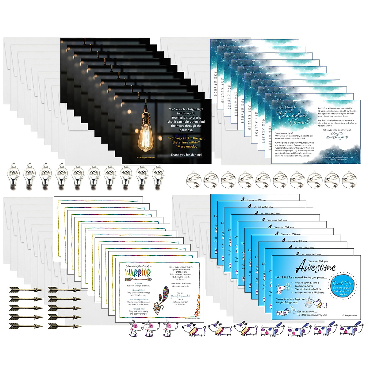 Smiling Wisdom - Bulk 40 Gift Sets - 4 Different Sets of 10 - Quarterly Gifts - Encouraging Praising Employee Volunteer Student Appreciation Cards Envelopes - 120 Pcs - Storm Puppy Warrior Light