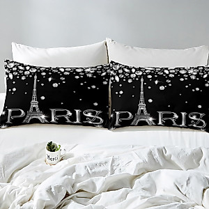 Eiffel Tower Duvet Cover King,Paris Bedroom Comforter for Women,Black and White Romantic Tower Bedding Set,Gradient Diamond Comforter Cover,Sparkles Sequins Bedspread Cover with 2 Pillow Shams