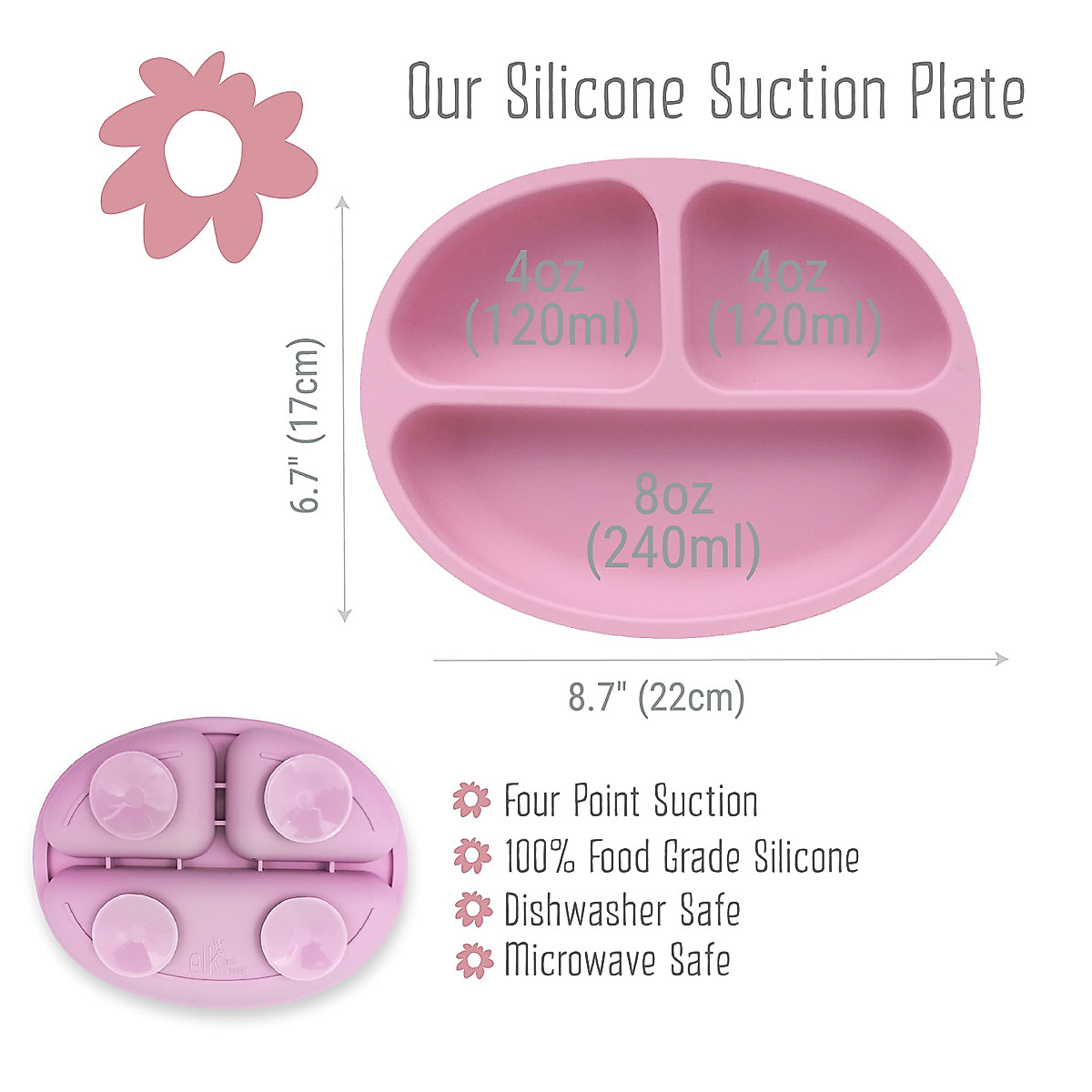 Elk and Friends Silicone Suction Plate for Babies/Toddlers + Stainless Steel Silverware Feeding Set | Divided Plate | Suction Design | Forks + Spoons Included | 3 Pack