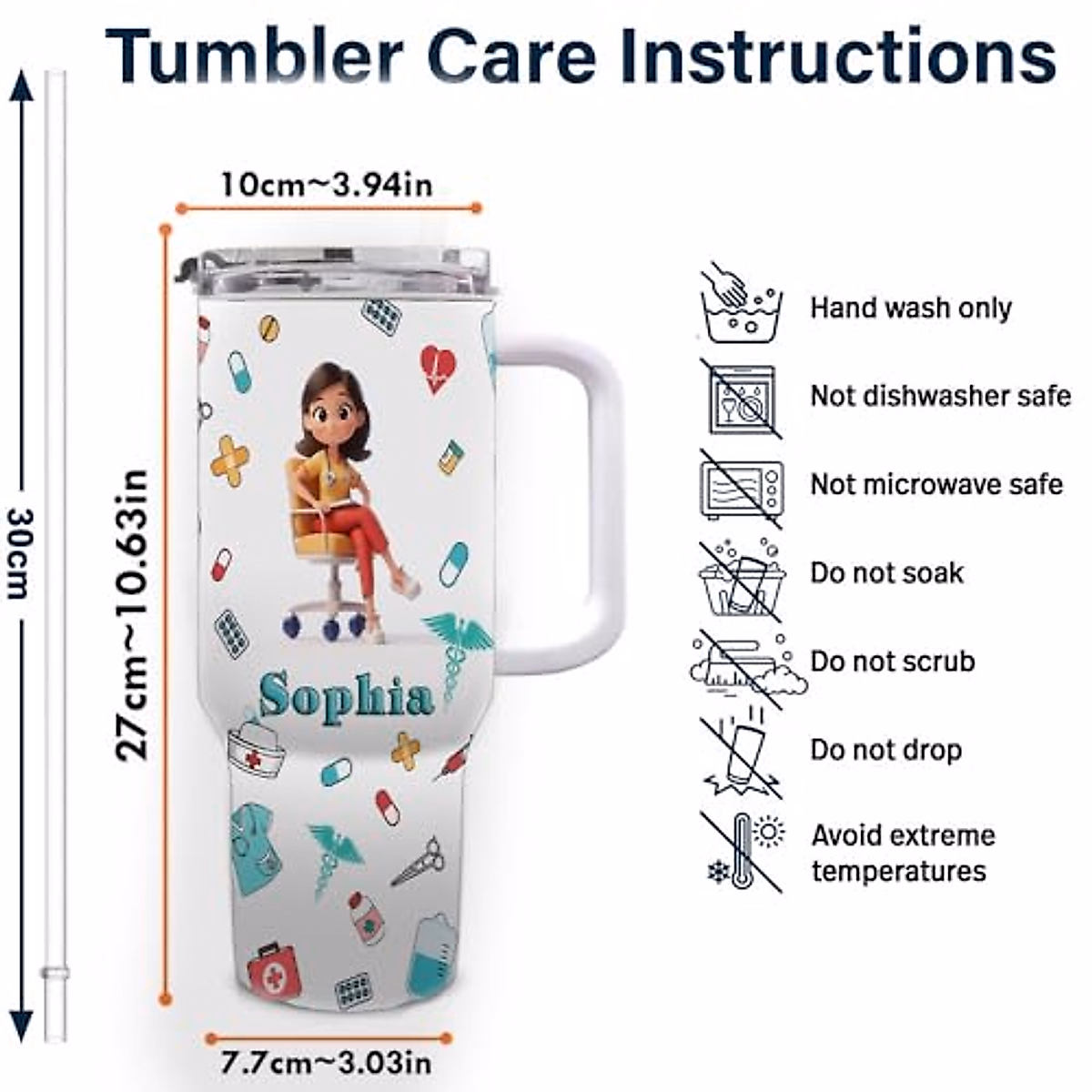 Personalized Nurse Tumbler 40oz -nurse therapeutic furniture designer-Custom Name Insulated Travel Mug with Handle & Straw, Gift for Nurses, Medical Workers, Appreciation, Mother's Day Zk9iPF