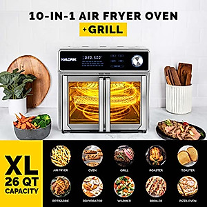 Kalorik MAXX Air Fryer Oven Grill, 26 Quart, Smokeless Indoor Grill and Air Fryer Oven Combo, Up to 500°F, 1700W, Digital Display, 22 Presets, 11 Accessories and Bonus Cookbook