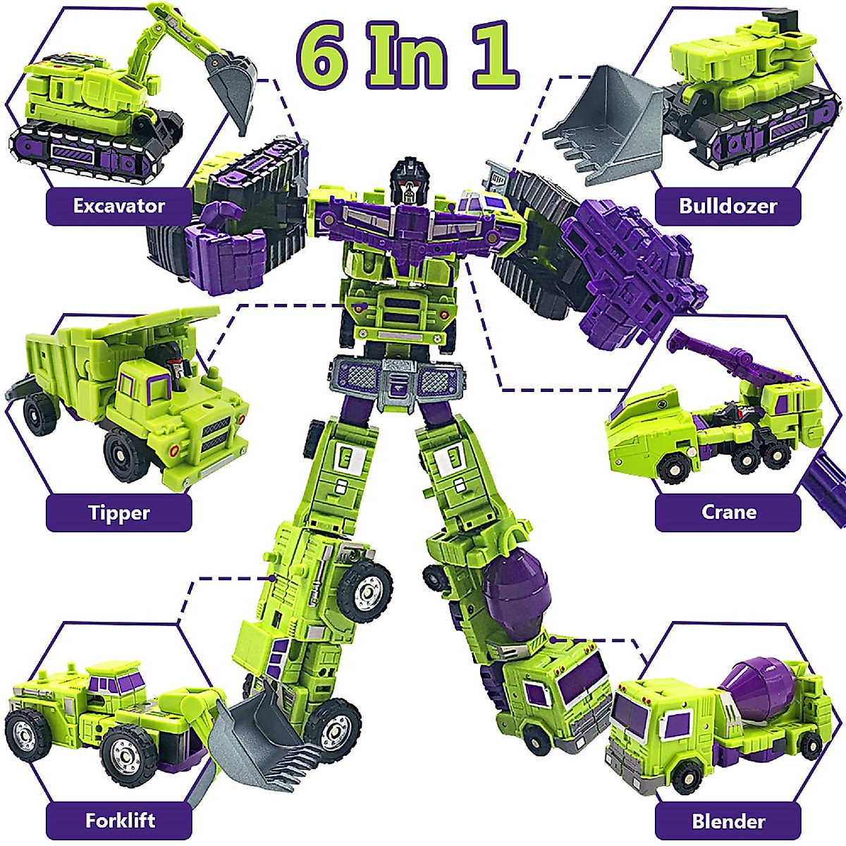 SU KE DA GT Engineering Green Alloy Combiner 6 in 1 Construction Vehicles into Car Truck Bucket Loader Model for Boys & Girls 25cm, SU KE DA-002