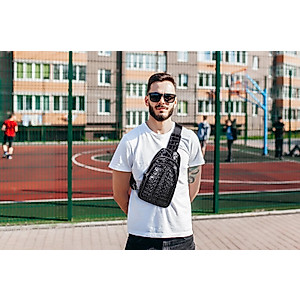 Crocodile Leather Sling Bag, Cool Man Bags One Shoulder Backpack for Men and Women Black