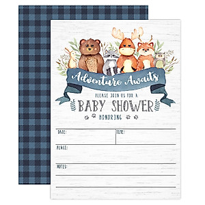 Blue Woodland Baby Shower Invitations, Forest Animal Baby Shower Invitations for Boy, Adventure Awaits Lumberjack with Bear, Moose, Raccoon, Deer, Baby Sprinkle, 20 Fill in Invitations and Envelopes
