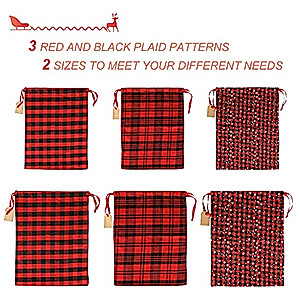 HRX Package Big Fabric Drawstring Gift Bags, 6pcs Reusable Christmas Sacks Red and Black Buffalo Plaid Cloth Pouches for Xmas Presents Party Favor