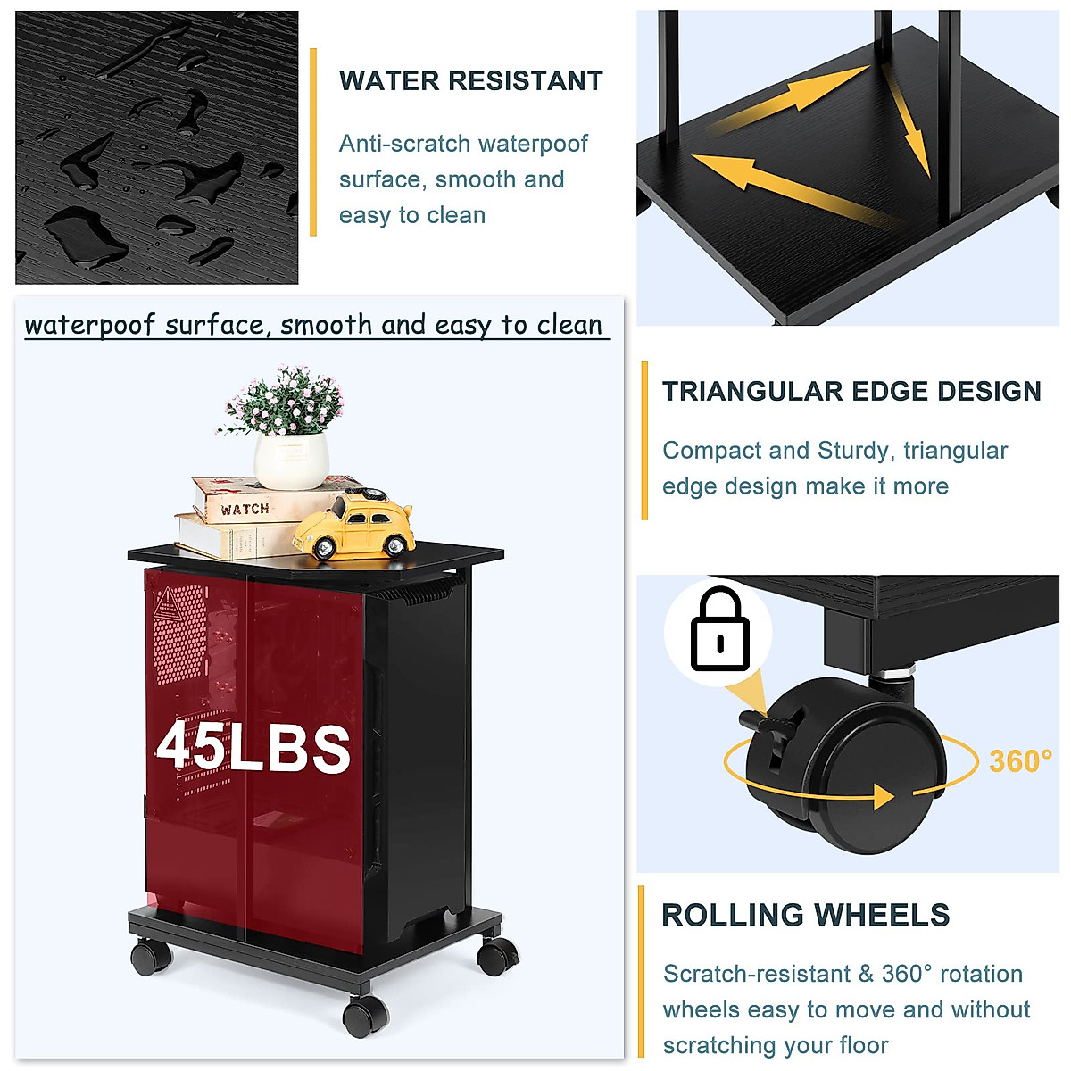 Computer Tower Stand, CPU Stand 2-Tier PC Stand Rustic Wood Desktop Printer Stand Table Top with Lockable Rolling Caster Wheels Under Desk for Office Home Fits Most PC, Black