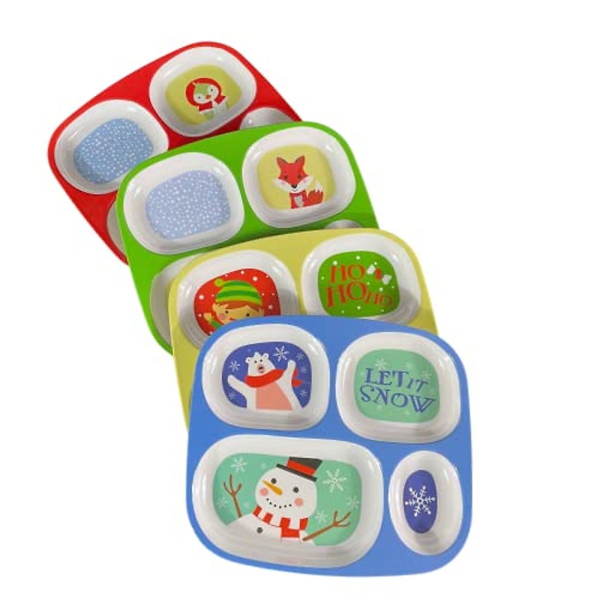 4E's Novelty Christmas Dinnerware Divided Plates For Kids (Set of 4) Melamine Plastic BPA Free Sectional Holiday Dinner Plates, Christmas Dishes for Toddlers