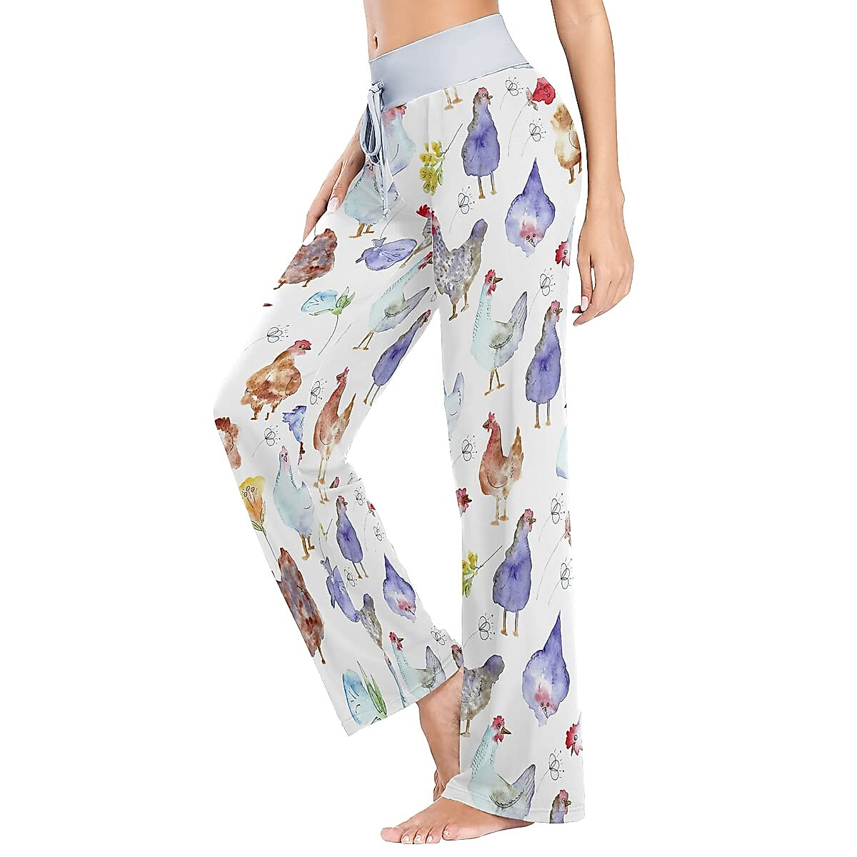vvfelixl Women's Pajama Pants Colored Chicken Hens Butterflies Flowers Sleepwear Lounge Pajama Bottoms White M