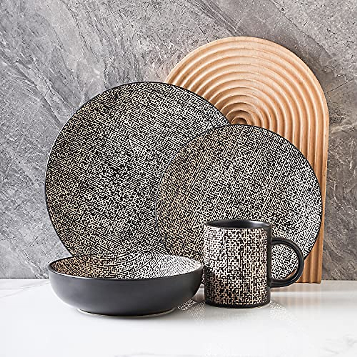 Stone + Lain Sophie Rustic Stoneware Dinnerware Service for 4, Brown and White Textured, 16 Pieces