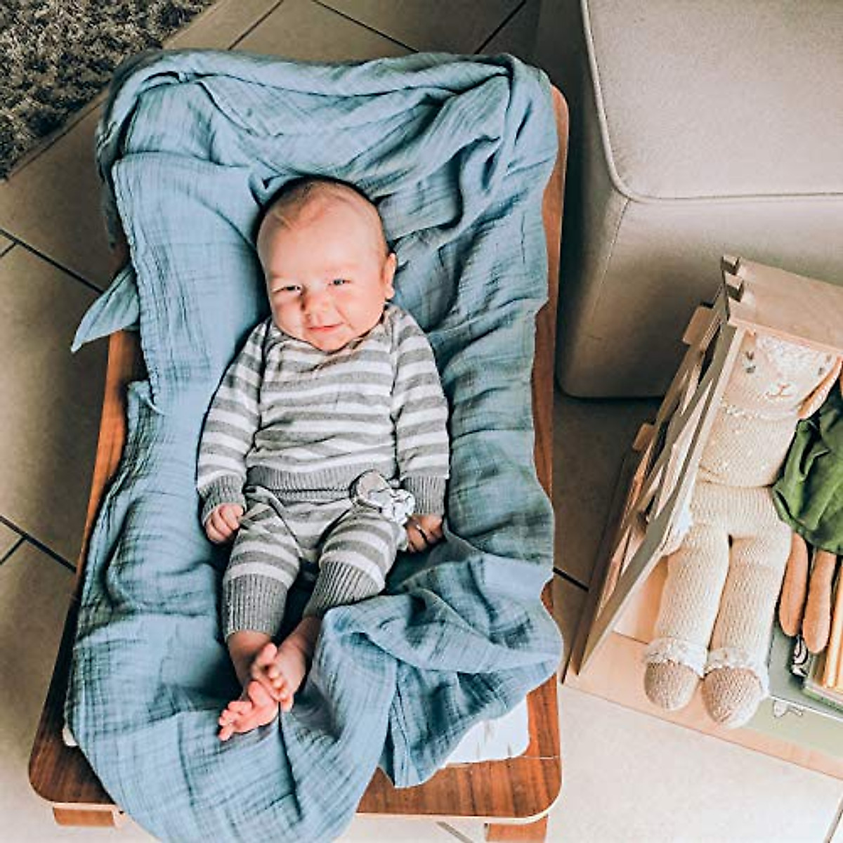 Ely's & Co. Cotton Muslin Swaddle Blanket 1-Pack for Baby Boy— 100% Cotton Muslin Extra-Large Swaddle Blankets (47” x 47”) Ocean Blue