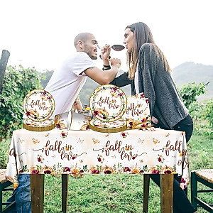Fall in Love Bridal Shower Decorations,Fall Floral Pumpkin Disposable Tableware Set Includes Fall Dinner Plate,Tablecloths,Cup for Bridal Shower,Anniversary,Wedding Decorations