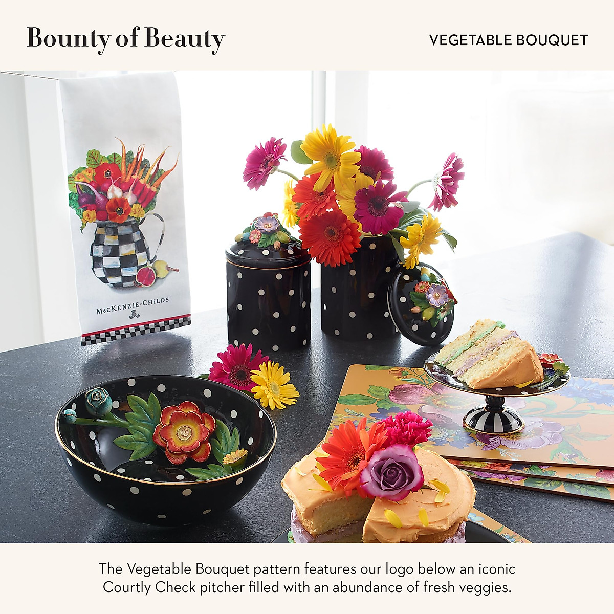 MACKENZIE-CHILDS Cotton Dish Towel, Cute Decorative Kitchen Dish Towel for Cleaning and Home Decor, Set of 1, Vegetable Bouquet