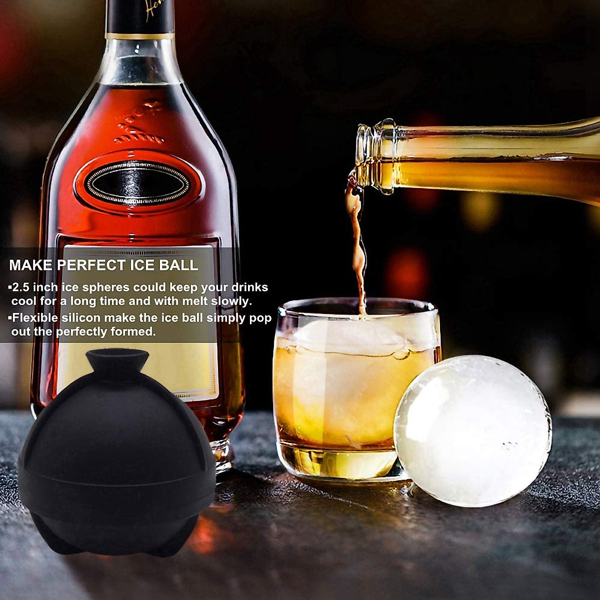 Helpcook Sphere Ice Molds - 6 Pack - Silicone Ice Ball Molds with Built-in Funnel - Round Ice Cube Molds - Make 2.5 Inch Big Ice Sphere for Whiskey & Cocktails,Food Grade and BPA Free, Black