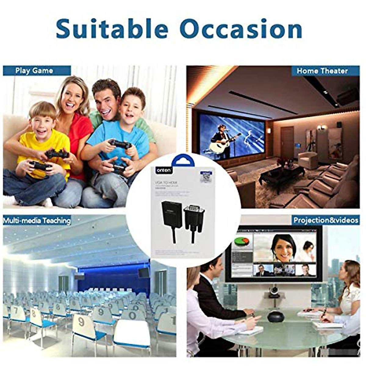 ONTEN VGA to HDMI, 1080P VGA to HDMI Adapter (Male to Female) for Computer, Desktop, Laptop, PC, Monitor, Projector, HDTV with Audio Cable and USB Cable (Black)