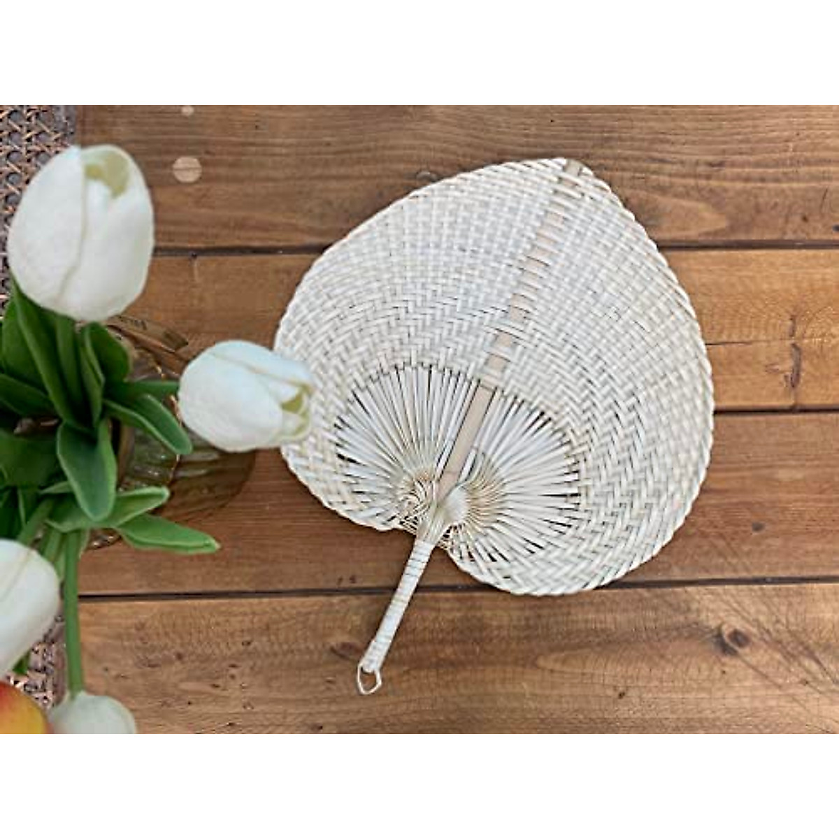 TAGREE Wedding Raffia Fans for Guest - Wedding Gift Idea for Couple & Fan Wall Decor & Boho Wall Decor (White with Straight Handle (Set of 12))