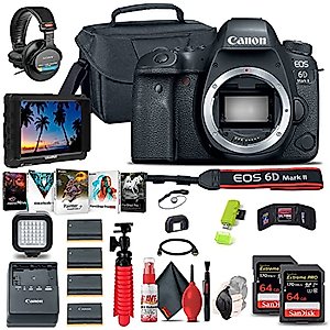 Canon EOS 6D Mark II DSLR Camera (Body Only) (1897C002) + 4K Monitor + Pro Mic + Pro Headphones + 2 x 64GB Memory Card + Case + Corel Photo Software + 3 x LPE6 Battery + More (Renewed)