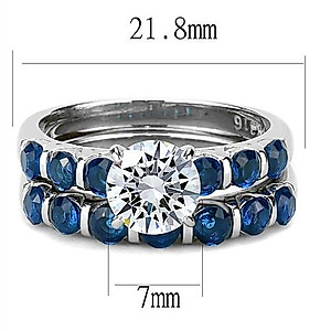 Nationalonlinediscounts Women's Stainless Steel Round Clear Cz & Blue Sapphire cz Band Wedding Engagement 2 Ring Set (7) (7)