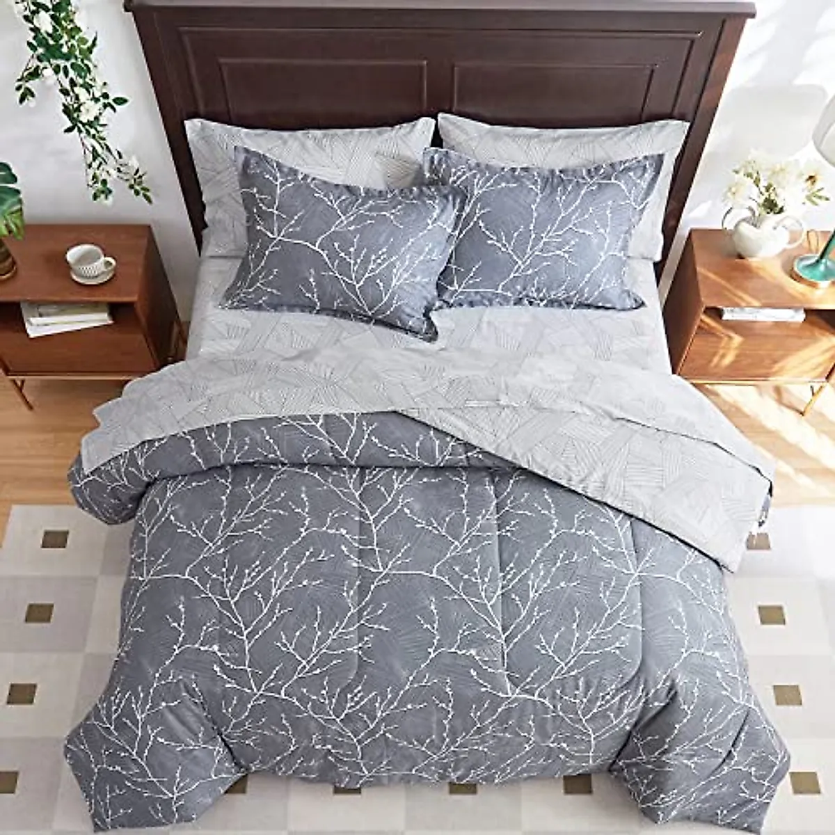 UOZZI BEDDING Cotton Gray Comforter Sheet Set Queen Size 7 Pieces Bed in a Bag with White Branch Soft Bed Set (1 Comforter 2 Pillow Shams 1 Flat Sheet 1 Fitted Sheet 2 Pillowcases)