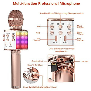 OVELLIC Karaoke Microphone for Kids, Wireless Bluetooth Karaoke Microphone with LED Lights, Portable Handheld Mic Speaker Machine, Great Gifts Toys for Girls Boys Adults All Age (Rose Gold)