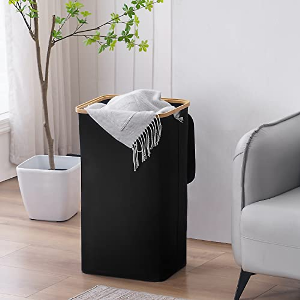 100L Large Laundry Hamper with Lid and Removable Bag by TECHMILLY, Tall Laundry Basket with Bamboo Handles for Clothes and Toys Storage, Collapsible Clothes Hamper for Bedroom and Bathroom, Black