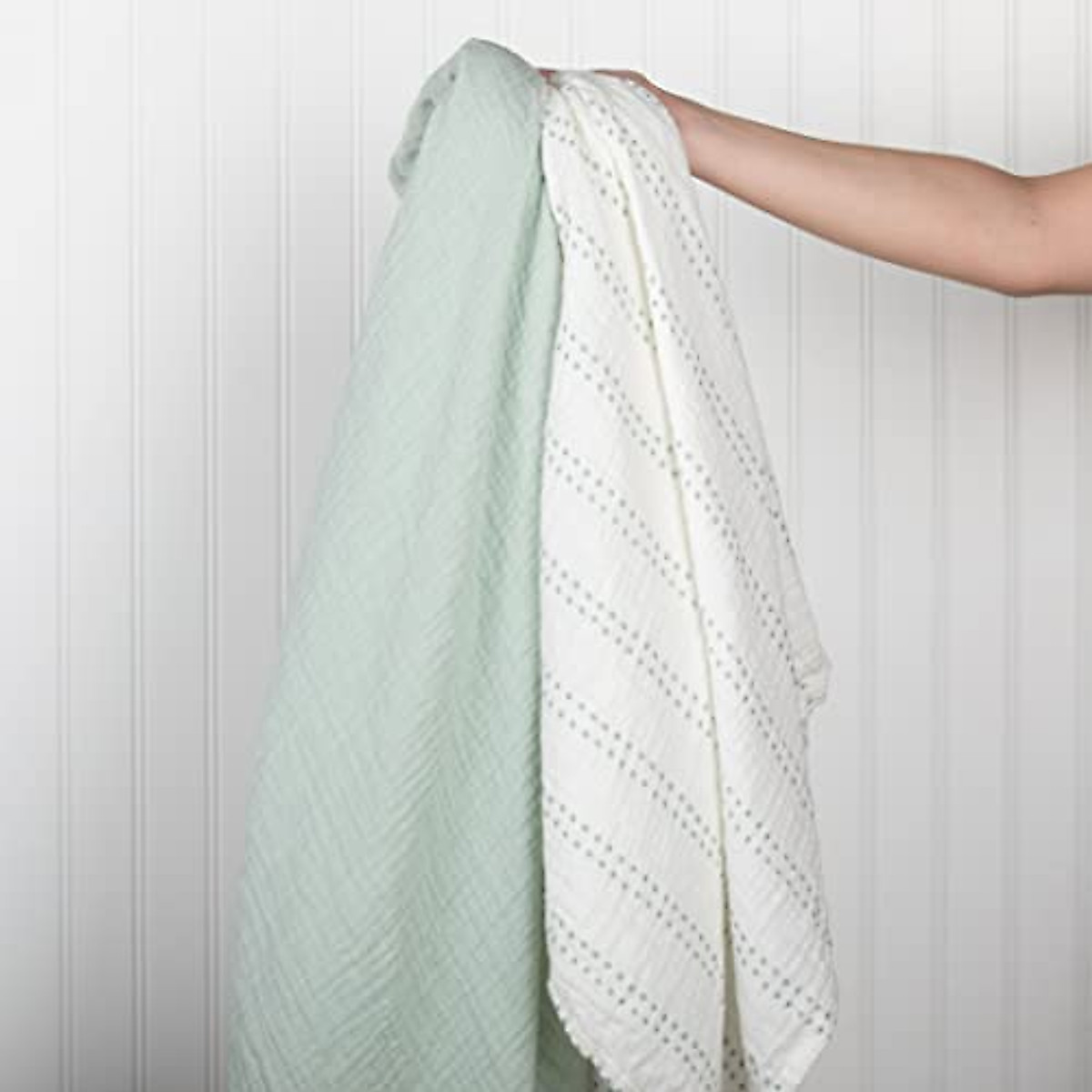 Muslin Swaddle Baby Blankets for Girl or Boy, Soft and Breathable Oeko-Tex Cotton Muslin Baby Blanket, Newborn Swaddling Wrap, Receiving Blanket, 47 in x 47 in, Mint Green and Cream Dots