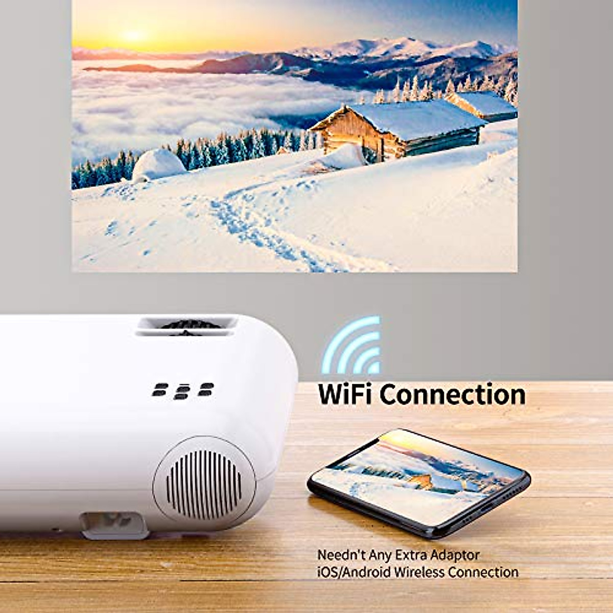 Mini Projector, GooDee W18 WiFi Movie Projector with Synchronize Smartphone Screen with 1080P Support and 200’’ Video Projector Support TV Stick, HDMI, VGA, USB, Laptop, PS4, and iOS/Android Phone