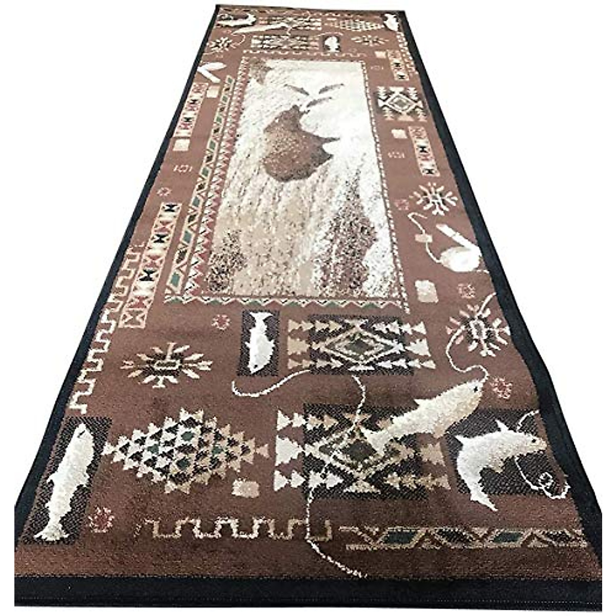 Wildlife Nature Bear Fish Lodge Modern Geometric Arrows Area Rug Carpet Tan Brown (2’ X 7’ Runner)