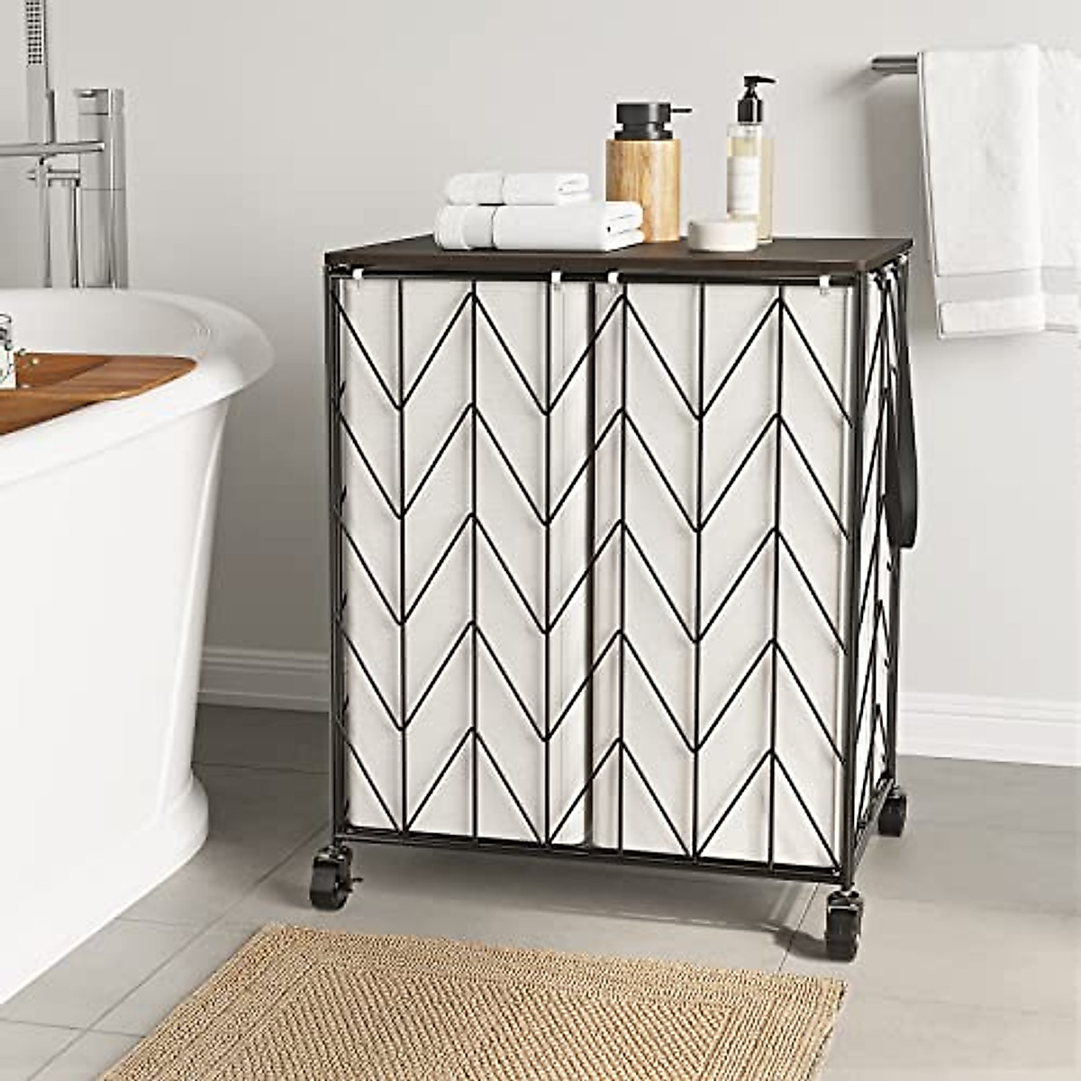 WOWLIVE Laundry Basket with Wheels, Heavy Duty Laundry Hamper with Wood Lid, Clothes Hamper with Divided Removable Liner Bag, Large Capacity Iron-Made Laundry Sorter Laundry Room Organization (Beige)