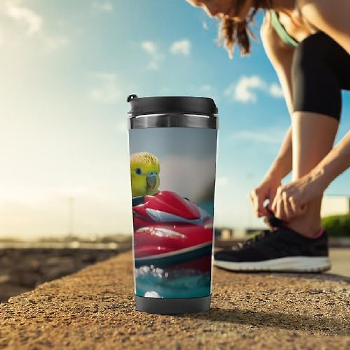 Cute Budgie on Motorboat Travel Coffee Mug Reusable Insulated Drinking Cup with Lid for Home Outdoor Works 13 Oz