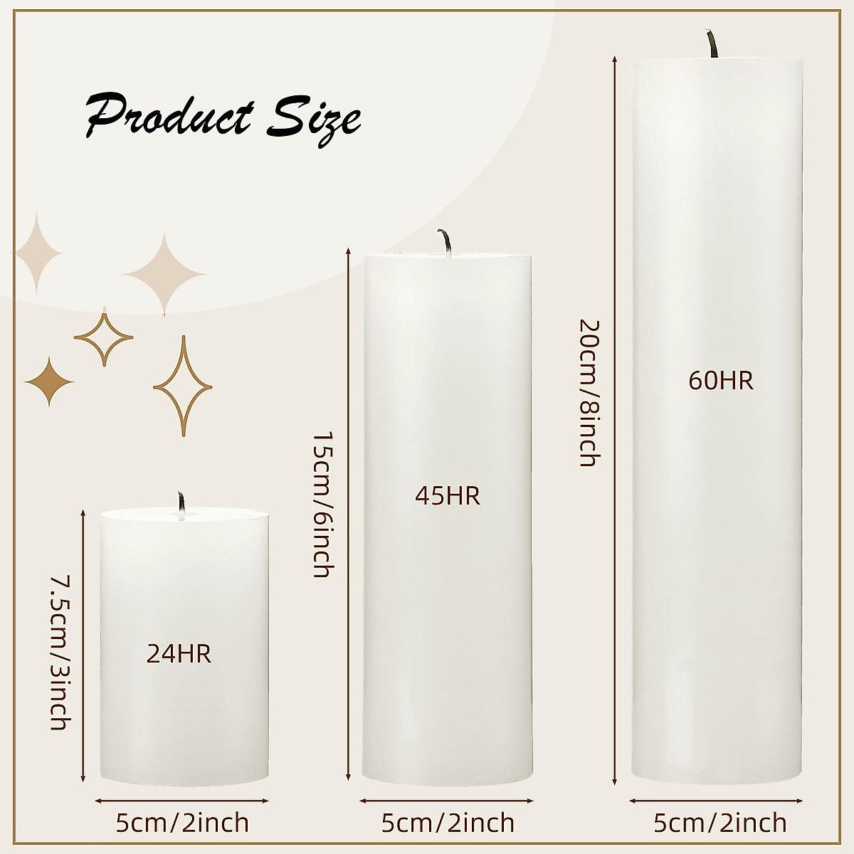 Nuogo 24 Pcs Ivory Pillar Candles Bulk Set of 3 Long Burning Wax Pillar Candles 2 in x 3, 6, 8 Inch Dripless Unscented Smokeless Candles for Wedding Party Spa Lantern Fireplace Home