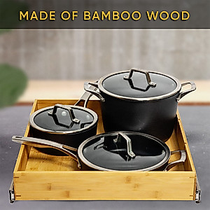 Pull Out Cabinet Drawer Organizer, Sliding Bamboo Wood Storage Rack Organization, Gliding Cupboard Shelf for Kitchen, Pantry, Slide Out Spice Rack Container Lid Organizer with Dividers, 14”W x 21”D