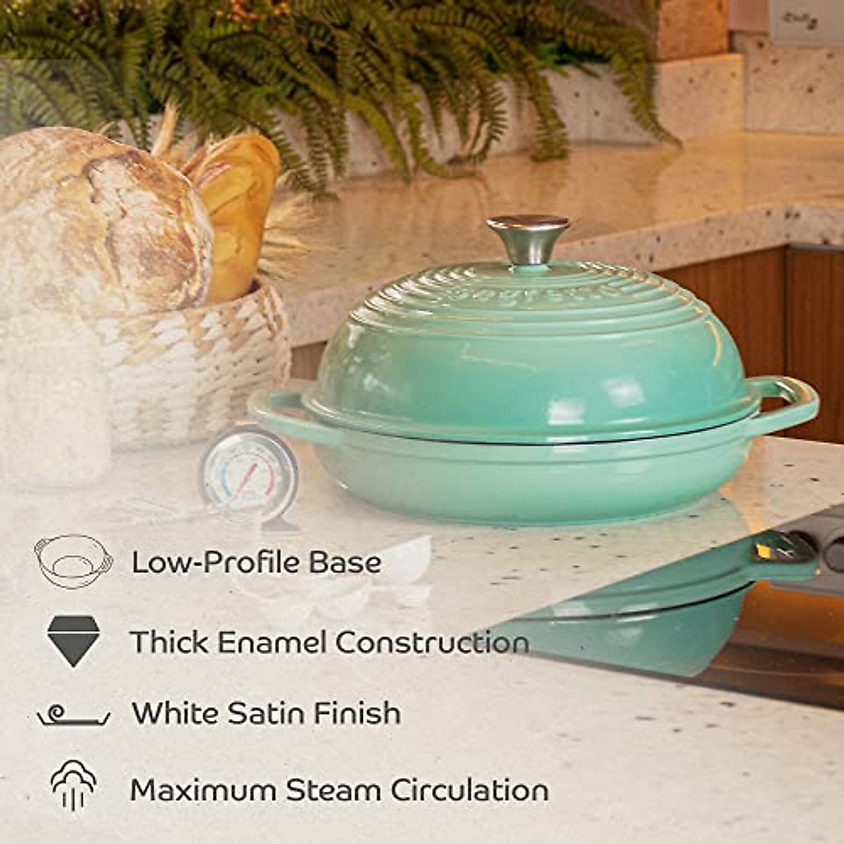 Enameled Cast Iron Bread Pan with Lid 11” Green Bread Oven Cast Iron Sourdough Baking Pan, Dutch Oven for Bread, No Seasoning Needed-Segretto Cookware